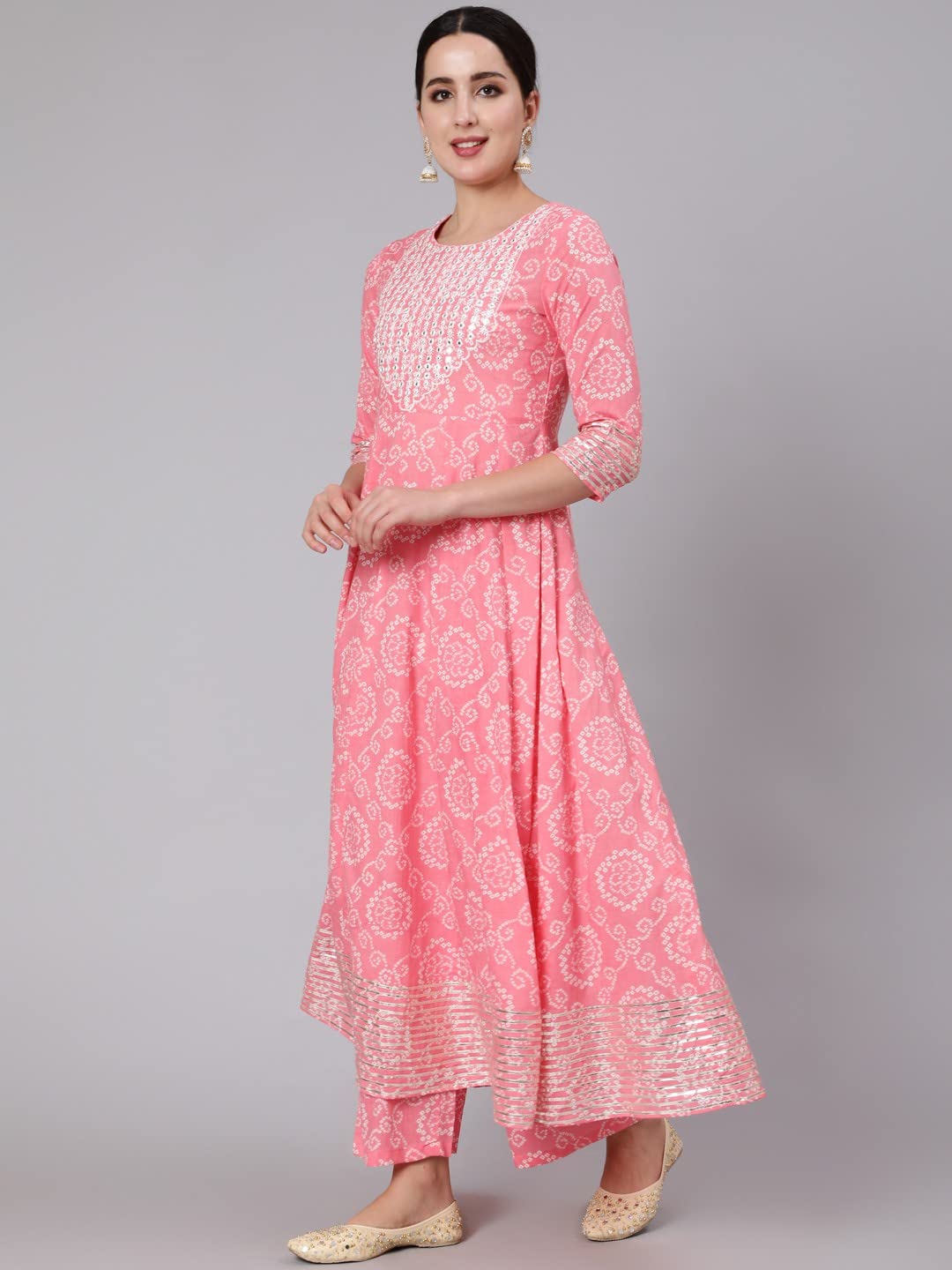 DREAMANGEL FASHION Womens Party Wear Pure Cotton Anarkali Kurta and Palazzo With Dupatta (as1, alpha, s, regular, regular, Pink, Small)