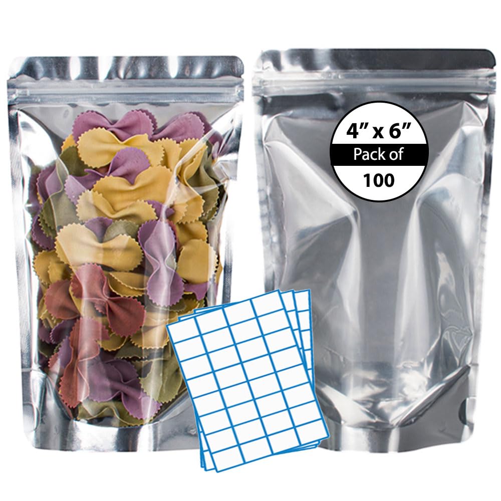 Kyniog® Pack of 100-4x6 Inches Mylar Bags for Food Storage- Standup Clear Mylar Bags- Small Mylar Bags with Label Sticker- Smell Proof- 10Mil Thick (Both Side) Resealable for Packaging Small Business