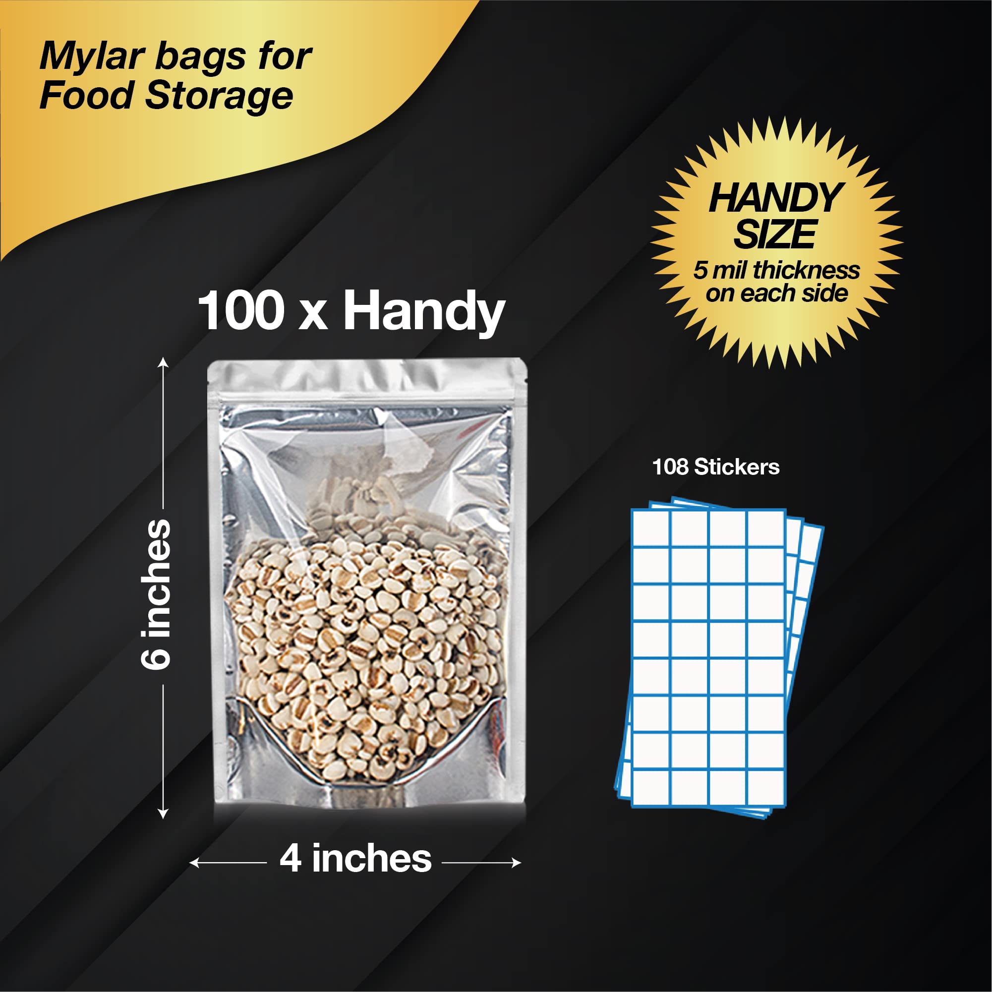 Kyniog® Pack of 100-4x6 Inches Mylar Bags for Food Storage- Standup Clear Mylar Bags- Small Mylar Bags with Label Sticker- Smell Proof- 10Mil Thick (Both Side) Resealable for Packaging Small Business