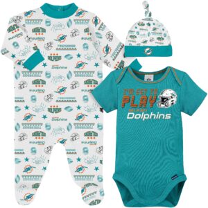 nfl baby boys' 3-pack bodysuit, sleep 'n play, & cap set, miami dolphins, 3-6 months