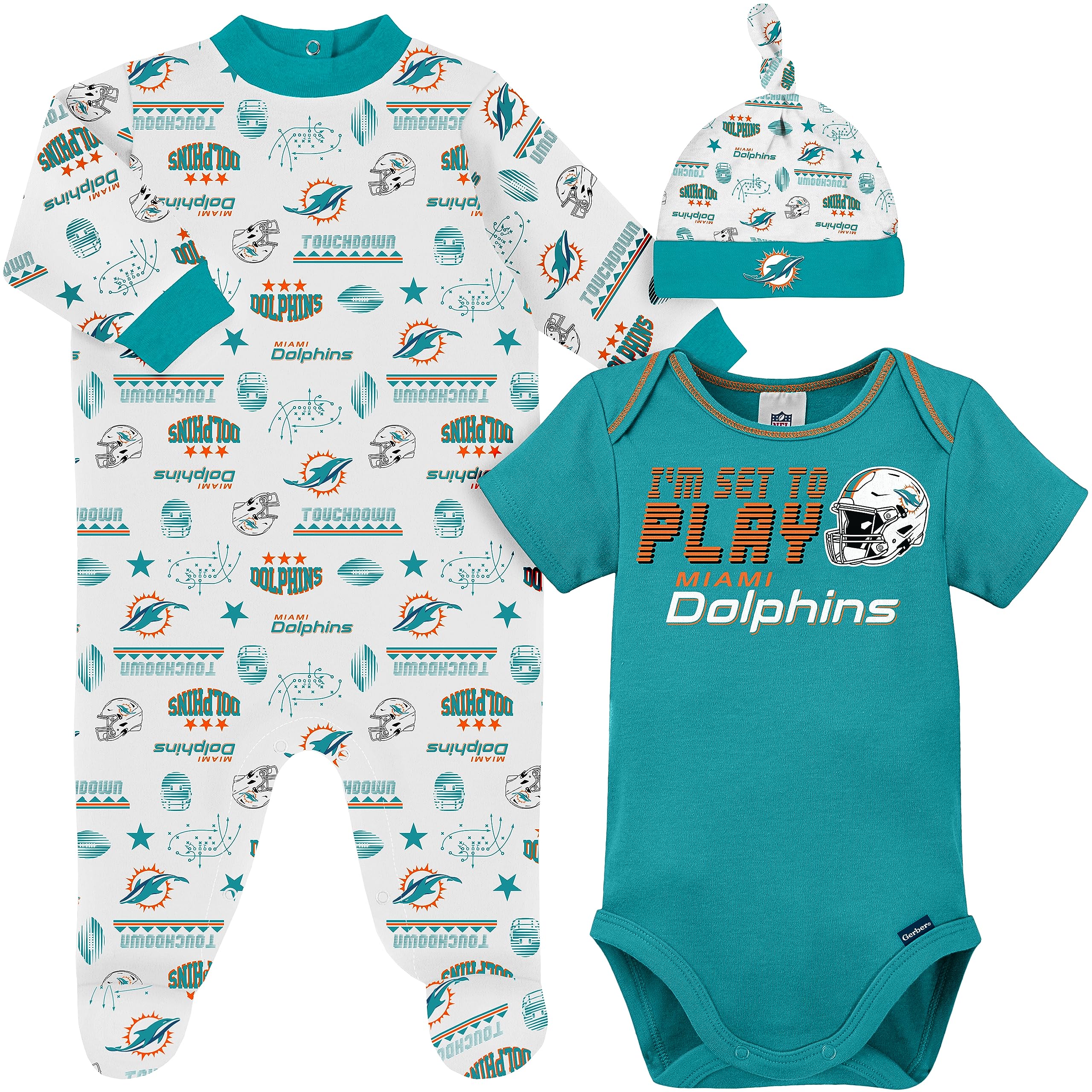 NFL Baby Boys' 3-pack Bodysuit, Sleep 'n Play, & Cap Set, Miami Dolphins, 3-6 Months