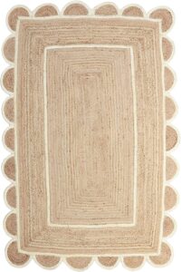 arise export jute bohemian area rug - 3' x 5' ft scalloped pattern natural for home decor item for living room hallways bedroom and kitchen (off white colour 3' x 5' ft)