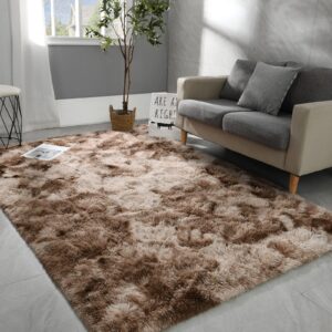 hutha 5x8 large area rugs for living room, super soft fluffy modern bedroom rug, tie-dyed brown indoor shag fuzzy carpets for girls kids nursery room home decor