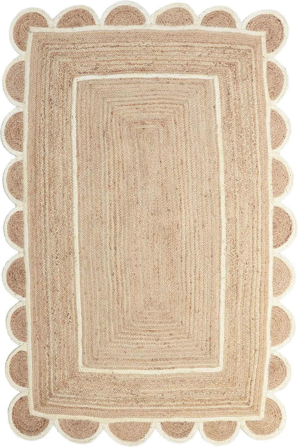 Arise Export Jute Bohemian Area Rug - 2' X 3' ft Scalloped Pattern Natural for Home Decor Item for Living Room Hallways Bedroom and Kitchen (Off White 2' X 3' ft)