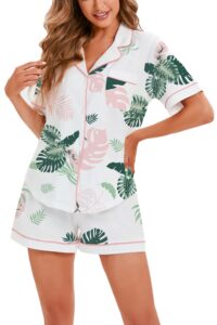 lubot 100% cotton women's pajamas set short sleeve button-down shirt pj two-piece set printed patterned summer night suit sleepwear loungewear (leaves, l)