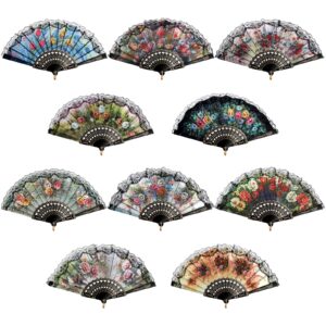 coloch 10 pack spanish floral folding hand fan with plastic side, vintage handheld folding fan with retro patterns for wedding, dancing party, cosplay, fancy gift, wall decoration, random pattern