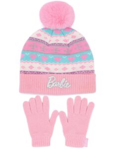 barbie hat and gloves kids girls pink logo knitted pom winter beanie