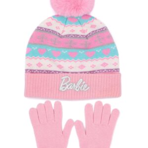 Barbie Hat and Gloves Kids Girls Pink Logo Knitted Pom Winter Beanie