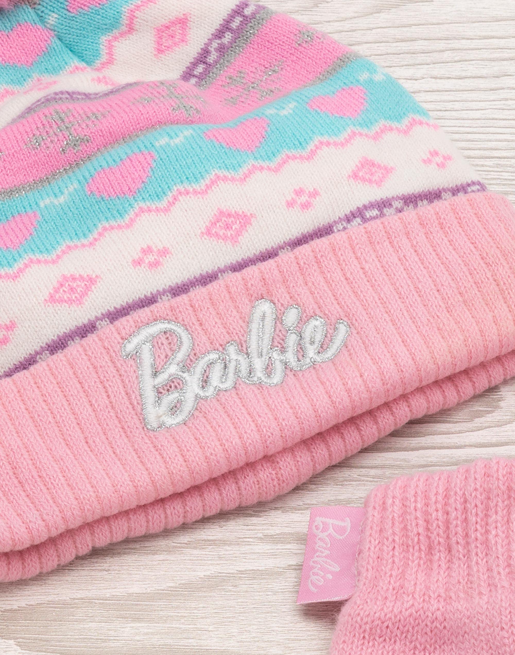 Barbie Hat and Gloves Kids Girls Pink Logo Knitted Pom Winter Beanie