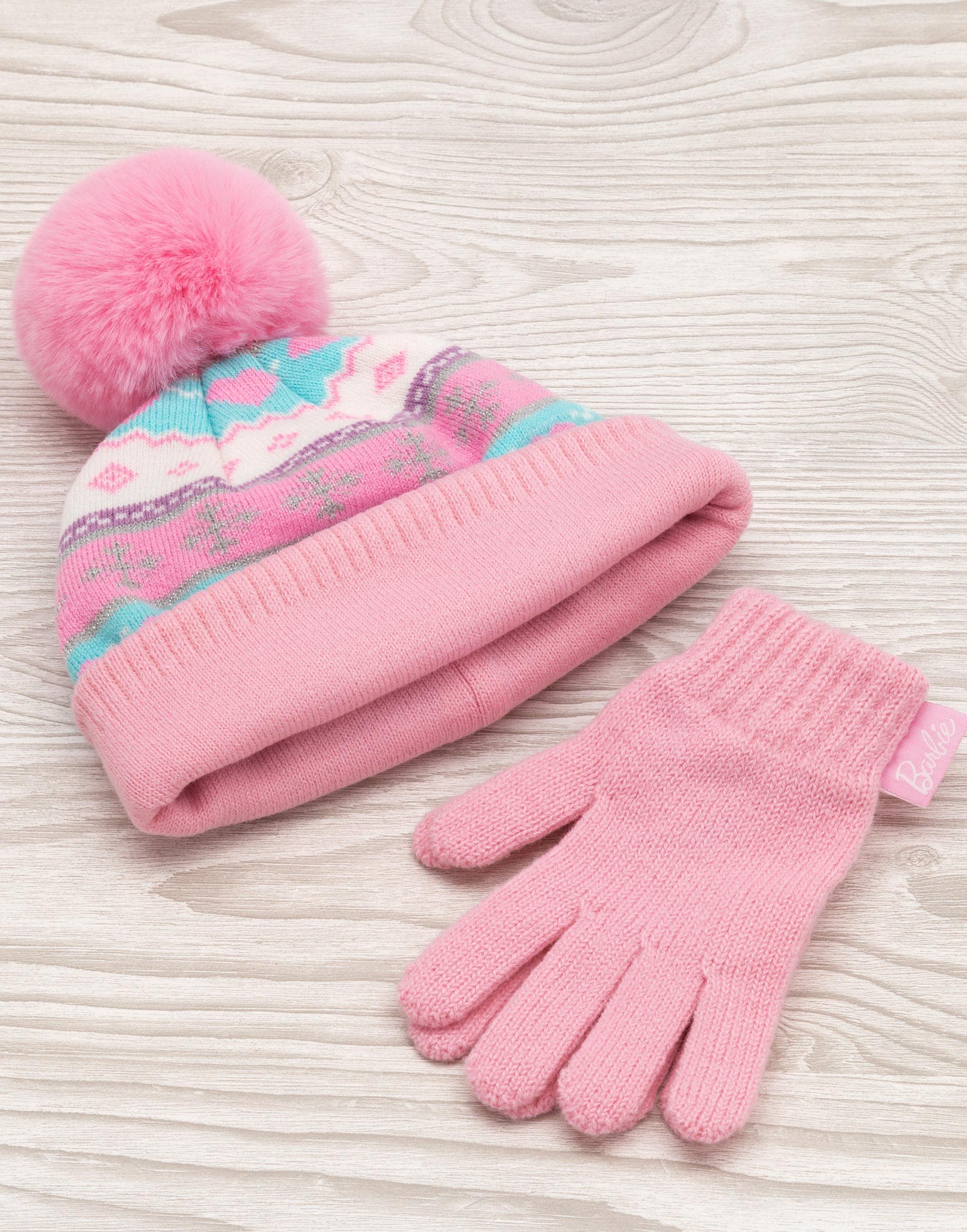 Barbie Hat and Gloves Kids Girls Pink Logo Knitted Pom Winter Beanie