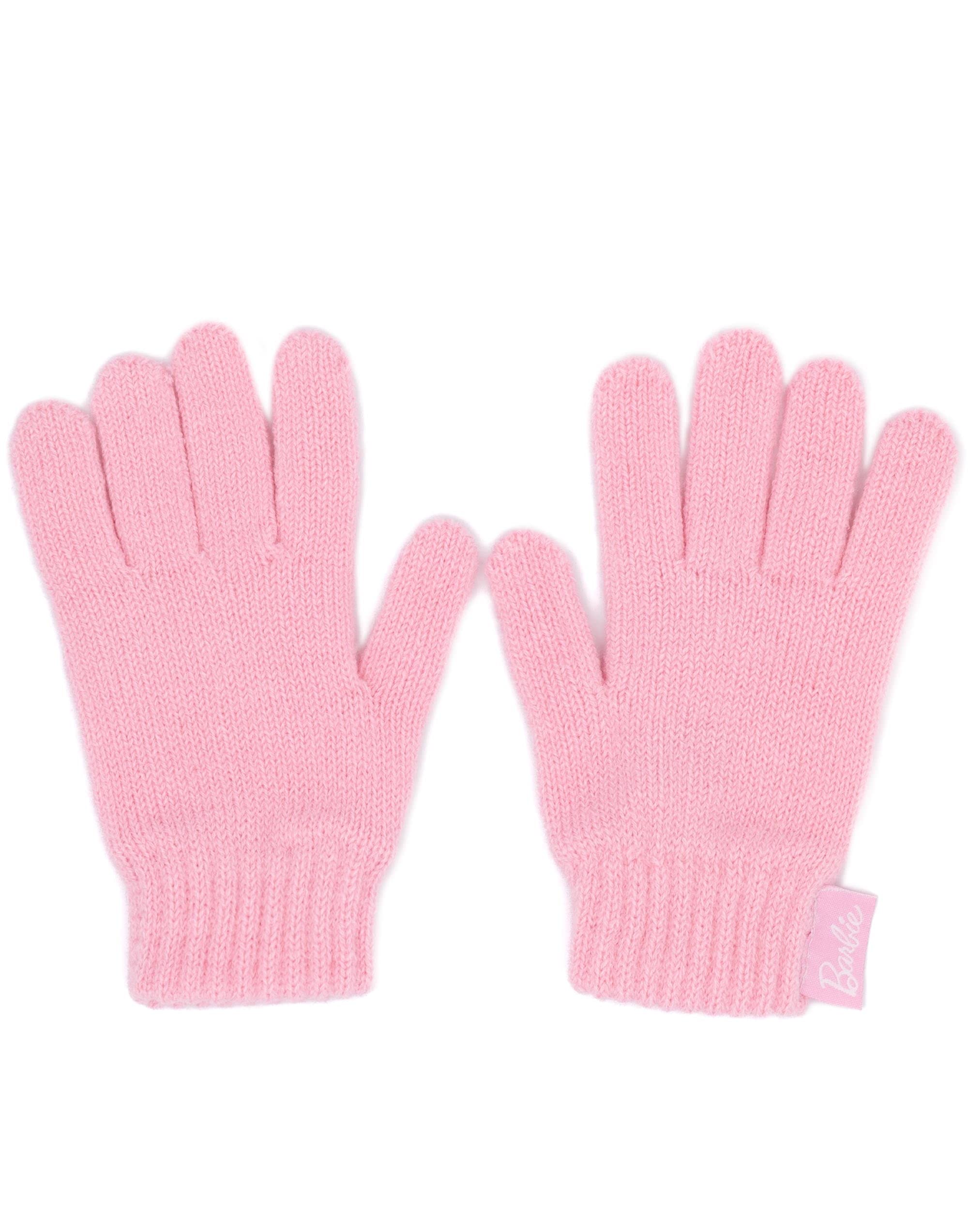 Barbie Hat and Gloves Kids Girls Pink Logo Knitted Pom Winter Beanie