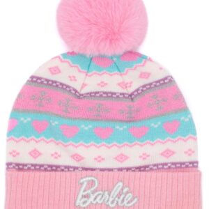 Barbie Hat and Gloves Kids Girls Pink Logo Knitted Pom Winter Beanie