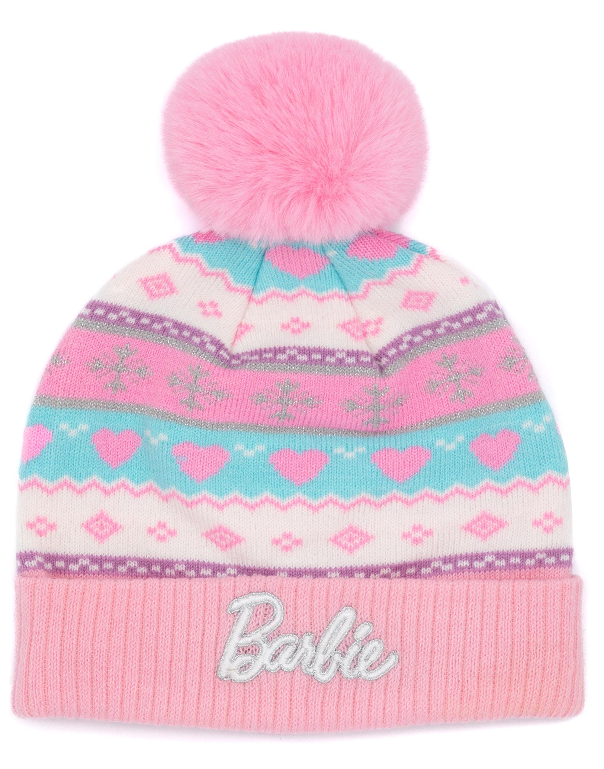 Barbie Hat and Gloves Kids Girls Pink Logo Knitted Pom Winter Beanie