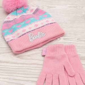 Barbie Hat and Gloves Kids Girls Pink Logo Knitted Pom Winter Beanie