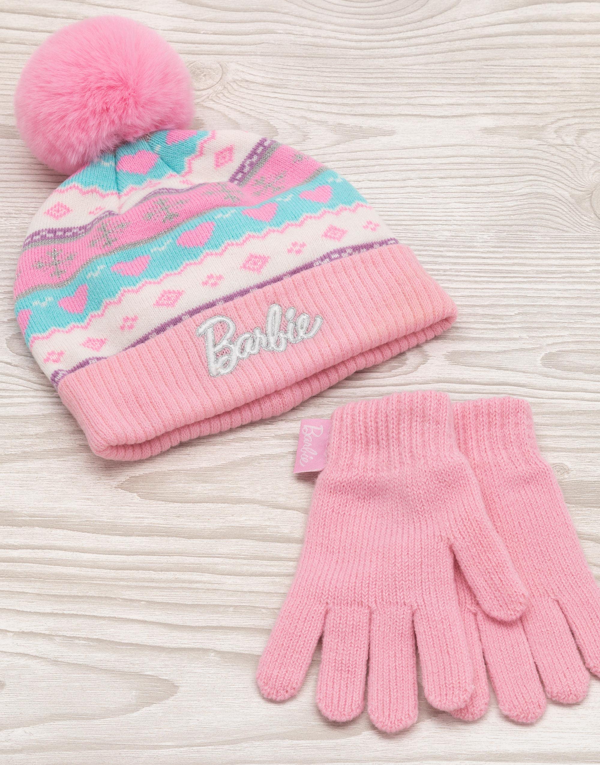 Barbie Hat and Gloves Kids Girls Pink Logo Knitted Pom Winter Beanie