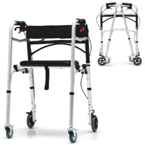 gymax walkers for seniors, 2-button folding walker with 5” lockable wheels, padded seat & trigger release, 350lbs height adjustable standard walker, foldable rolling adult walker