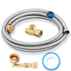 dishwasher installation kit - 10 ft stainless steel braided dishwasher hose kit,food grade pex inner tube dishwasher water line with 3/8"x3/8"x3/8" add a tee,3/8"x3/8"mip elbow,3/8"x3/4"fht elbow