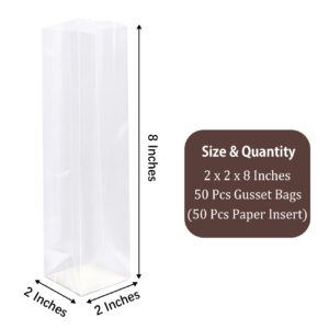 Morepack Gusseted Cellophane Bags,Flat Bottom Cellophane Bags with Paper Insert 50Pcs 2x2x8 Inches Biscotti bags