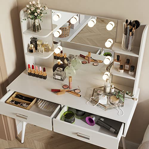 Furniouse Vanity Desk, Vanity Mirror with Lights, Makeup Table Set with Drawers, Vanity Set for Bedroom with 3 Lighting Modes Studio White