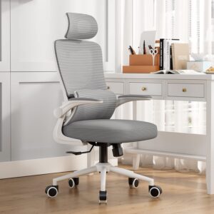 office chair height-adjustable ergonomic desk chair with self-adaptive lumbar support breathable mesh computer chair high back swivel task chair with adjustable headrest and flip-up armrests - grey