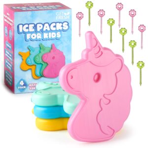 get fresh mini freezer ice packs for kids lunch box – 4-pack unicorn small freezer blocks for cool bags and lunch boxes – colorful mini ice blocks for kids lunch boxes bags with 10 food picks