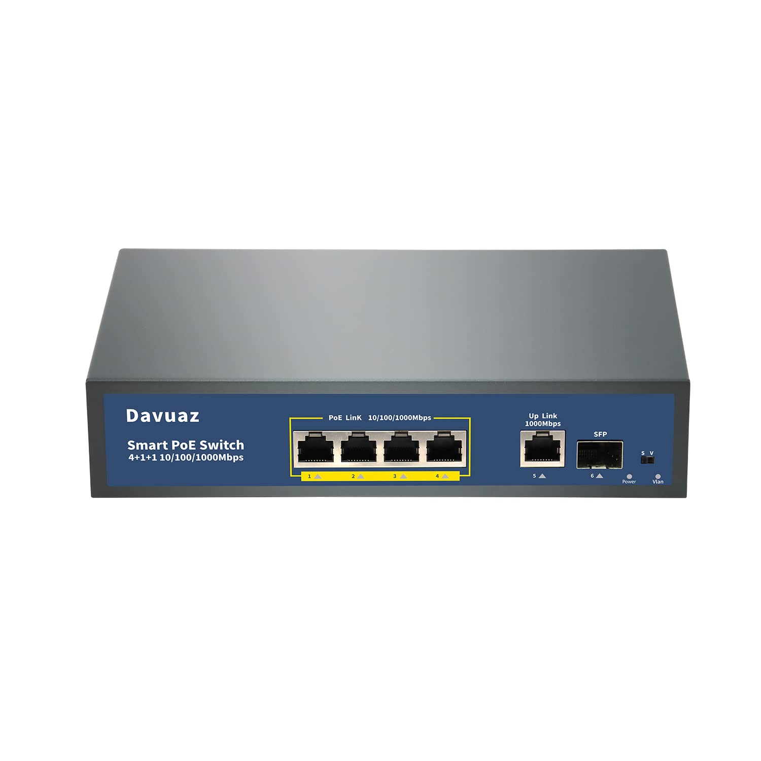 Davuaz Gigabit PoE Switch with 4 POE+ Port, 1 Gigabit Uplink Port and 1 SFP Port, IEEE802.3af/at Compliant, Up to 78W, Metal Design, Unmanaged Power Over Ethernet Switch, Plug and Play Network Switch