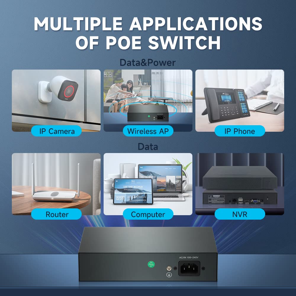 Davuaz Gigabit PoE Switch with 4 POE+ Port, 1 Gigabit Uplink Port and 1 SFP Port, IEEE802.3af/at Compliant, Up to 78W, Metal Design, Unmanaged Power Over Ethernet Switch, Plug and Play Network Switch