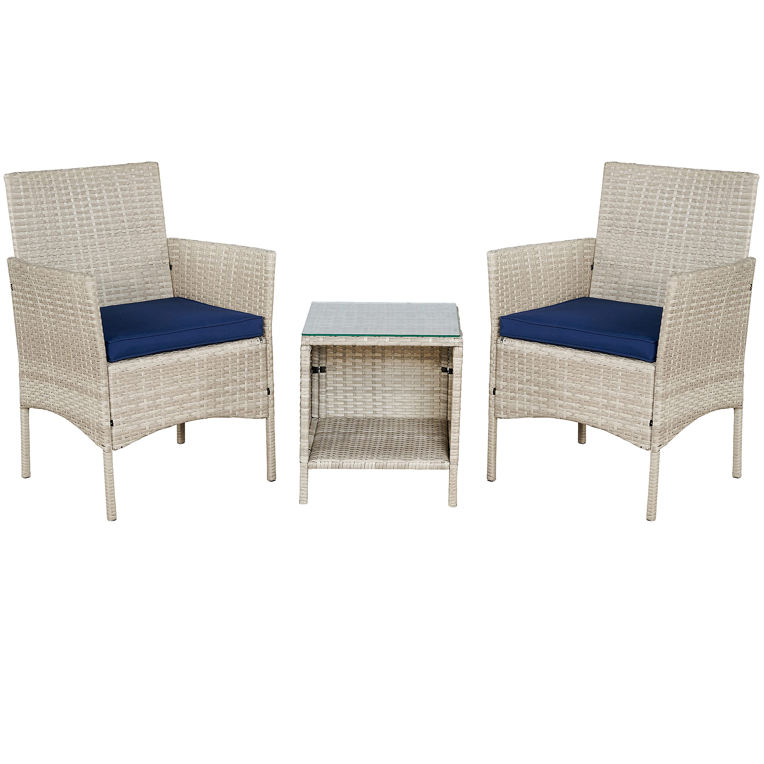 BTEXPERT Outdoor Wicker Conversation 3 Piece Bistro Set Garden Patio Yard Porch Furniture Space Saving Pe Rattan 2 Chairs Cushions Side Storage Glass Table Stone Gray/Navy Blue 3pc