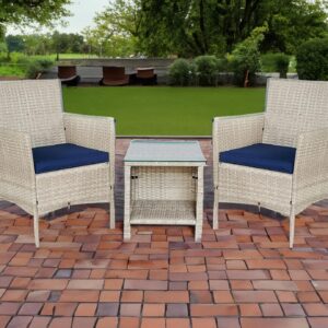 BTEXPERT Outdoor Wicker Conversation 3 Piece Bistro Set Garden Patio Yard Porch Furniture Space Saving Pe Rattan 2 Chairs Cushions Side Storage Glass Table Stone Gray/Navy Blue 3pc