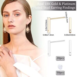 Beebeecraft 40Pcs 2 Colors Stud Earring with Loop 18K Gold & Platinum Plated Rectangle Earring Posts with Ear Nut for DIY Earrings Jewelry Making