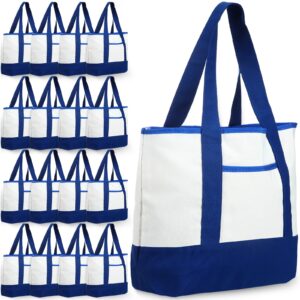 16 pcs canvas tote bag bulk with outer pocket, 18 inch cotton large tote beach bags for women grocery shopping bags tote bag blank diy gift,stylish two-tone splicing open top strong canvas bag (blue)