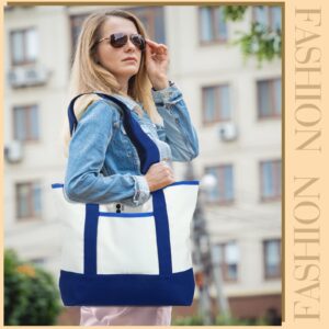 16 Pcs Canvas Tote Bag Bulk with Outer Pocket, 18 Inch Cotton Large Tote Beach Bags for Women Grocery Shopping Bags Tote Bag Blank DIY Gift,Stylish Two-Tone Splicing Open Top Strong Canvas Bag (Blue)