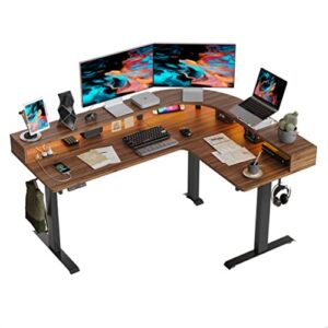 fezibo triple motor l shaped stadning desk with led strip & power outrlets，63 inches height adjustable stand up corner desk with ergonomic monitor stand, black frame/black walnut top