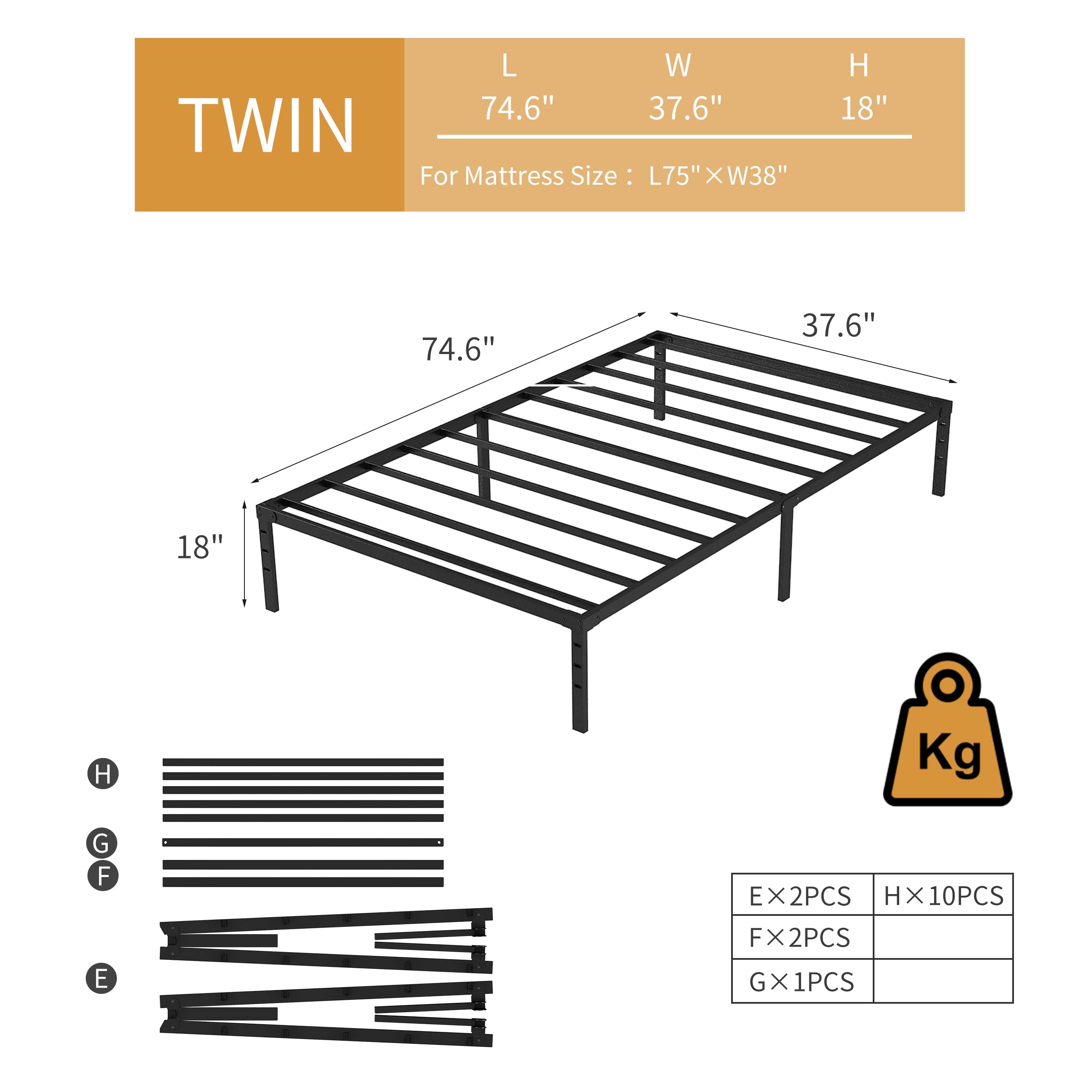 NEW JETO Metal Bed Frame-Simple and Atmospheric Metal Platform Bed Frame, Storage Space Under The Bed Heavy Duty Frame Bed, Sturdy Twin Size Bed Frame, 18 Inch, Twin