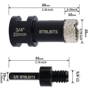 BTBLBITS Dry Diamond Core Drill Bit 3/4 Inch (20mm) Tile Drill Bits Angle Grinder Diamond Hole Saw for Porcelain Ceramic Granite Brick Marble with 5/8-11 Thread to 3/8” Hex Shank Adapter