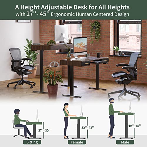 FEZIBO 55" x 26" Mid-Century Modern Electric Standing Desk with 2 Drawers & 1 Keyboard Tray, Whole-Piece Stand Up Home Office Desks, Vintage Top/Black Frame (2 Packages)