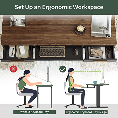 FEZIBO 55" x 26" Mid-Century Modern Electric Standing Desk with 2 Drawers & 1 Keyboard Tray, Whole-Piece Stand Up Home Office Desks, Vintage Top/Black Frame (2 Packages)