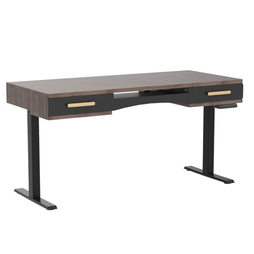 FEZIBO 55" x 26" Mid-Century Modern Electric Standing Desk with 2 Drawers & 1 Keyboard Tray, Whole-Piece Stand Up Home Office Desks, Vintage Top/Black Frame (2 Packages)