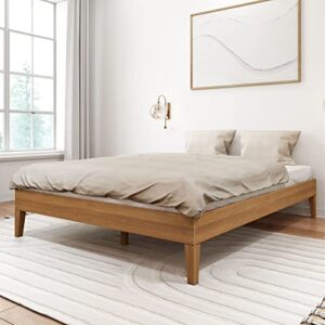 plank+beam solid wood platform bed frame, strong wood slat support, no box spring needed, easy assembly, matte pecan, queen