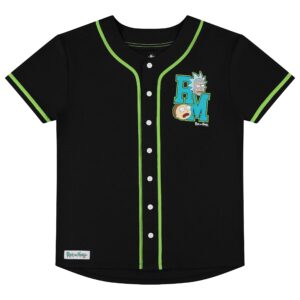 rick and morty mens jersey mens baseball jersey - rick & morty mesh button down jersey (black, medium)