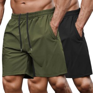 coofandy men's 2 pack workout shorts quick dry 7" lightweight sports gym running shorts with pockets army green/black, xl