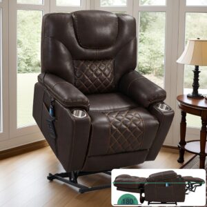 pug258y lift chair for elderly: 9988 high density foam lay flat heat and massage, reclining to 180, 2 pockets cup holders, 2 remote controls, dual okin motors - breathable leather reddish brown