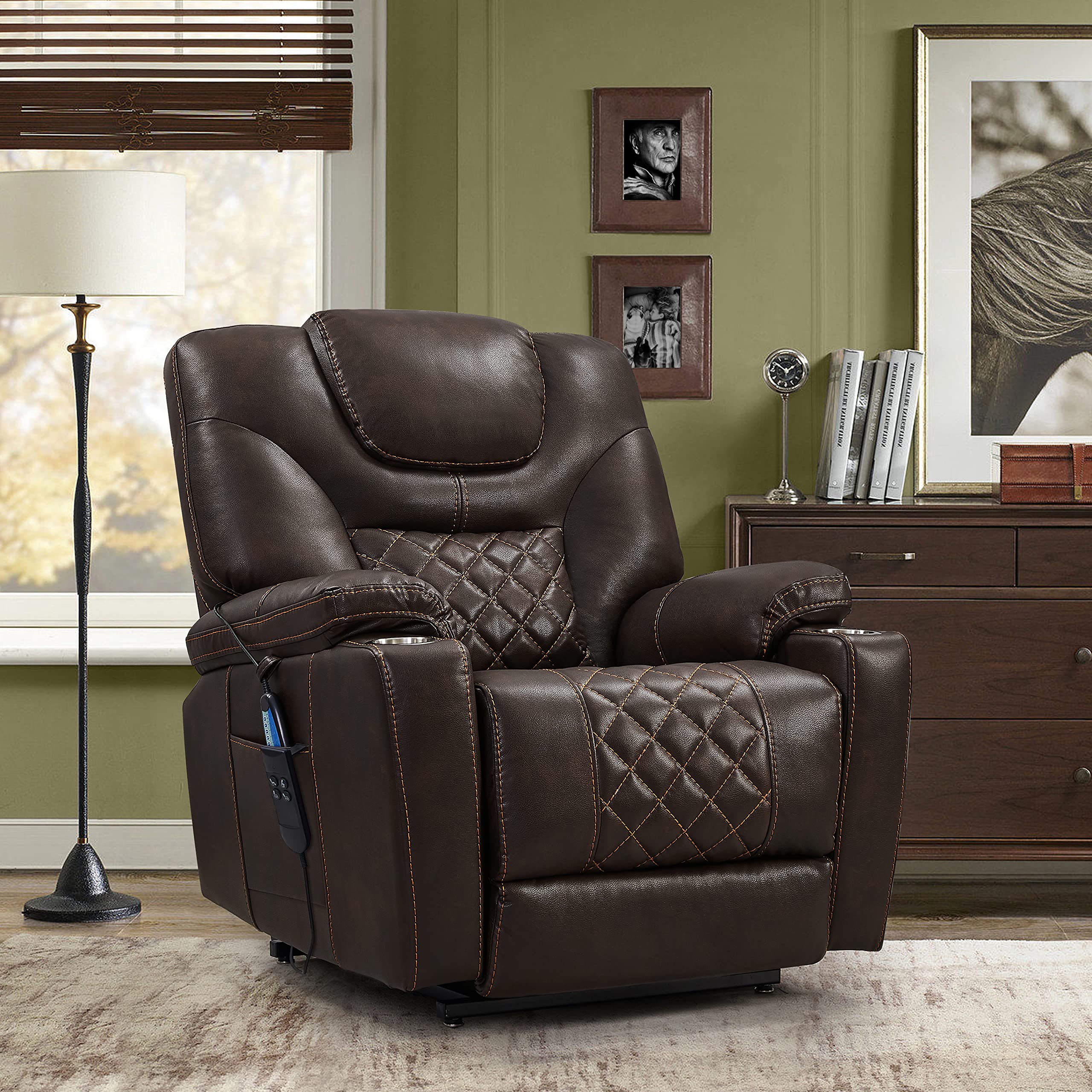 PUG258Y Lift Chair for Elderly: 9988 High Density Foam Lay Flat Heat and Massage, Reclining to 180, 2 Pockets Cup Holders, 2 Remote Controls, Dual OKIN Motors - Breathable Leather Reddish Brown