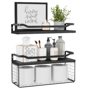 wopitues floating shelves with wire storage basket, bathroom shelves over toilet with protective metal guardrail, wood wall shelves for bathroom, bedroom, living room, toilet paper-black