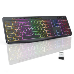 tecurs wireless keyboard gaming- light up keyboard silent ultra slim full size, led computer rechargeable backlit 2.4g keyboard with multimedia keys for mac and windows