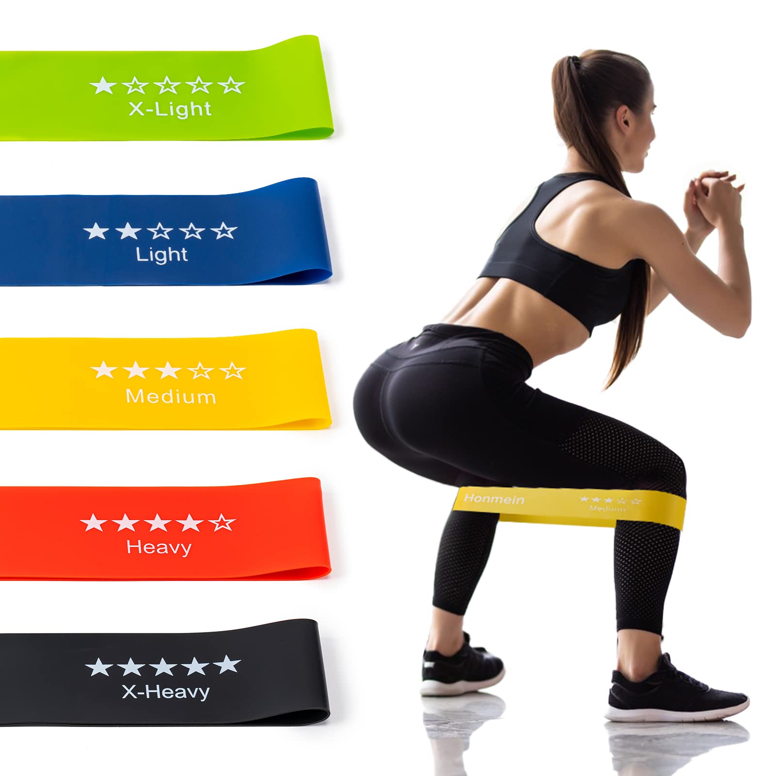 Honmein Resistance Bands for Working Out, Exercise Bands with 5 Resistance Levels Fit for Home Fitness, Strength Training, Natural Latex Resistance Band Include Instruction Guide and Carry Bag.