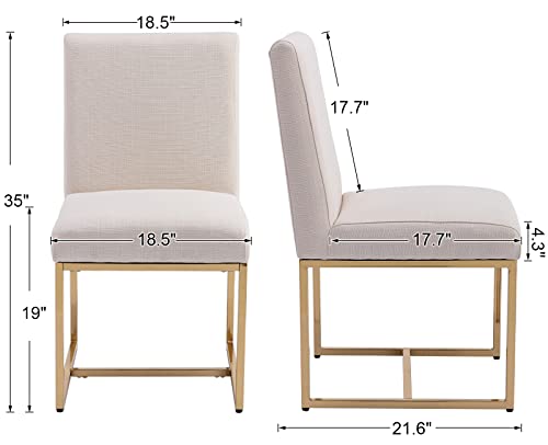 Set of 4 Linen Upholstered Dining Room Chairs, Mid Century Modern Fabric Chair for Dining Room, with Golden Finish Metal Frame, Cream