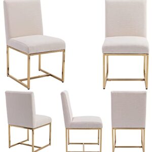 Set of 4 Linen Upholstered Dining Room Chairs, Mid Century Modern Fabric Chair for Dining Room, with Golden Finish Metal Frame, Cream