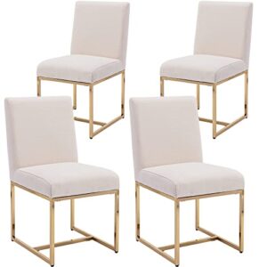 Set of 4 Linen Upholstered Dining Room Chairs, Mid Century Modern Fabric Chair for Dining Room, with Golden Finish Metal Frame, Cream