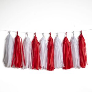 red and white tassel garland paper tissue tassels garland for party decorations, pack of 20